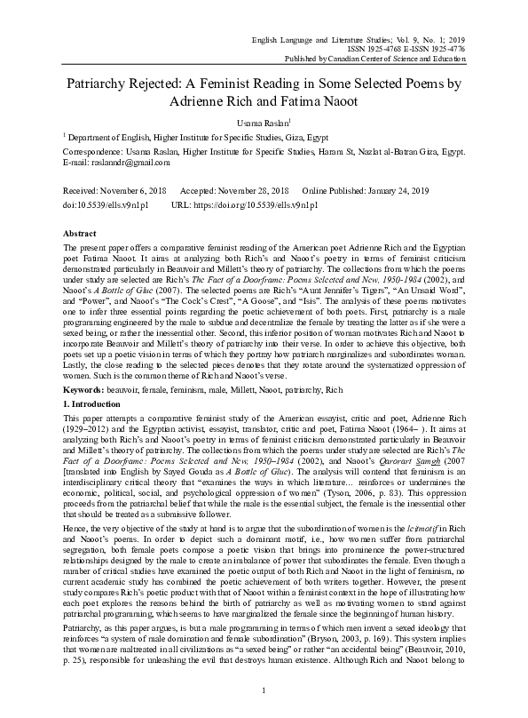 Pdf Patriarchy Rejected A Feminist Reading In Some Selected Poems By Adrienne Rich And Fatima