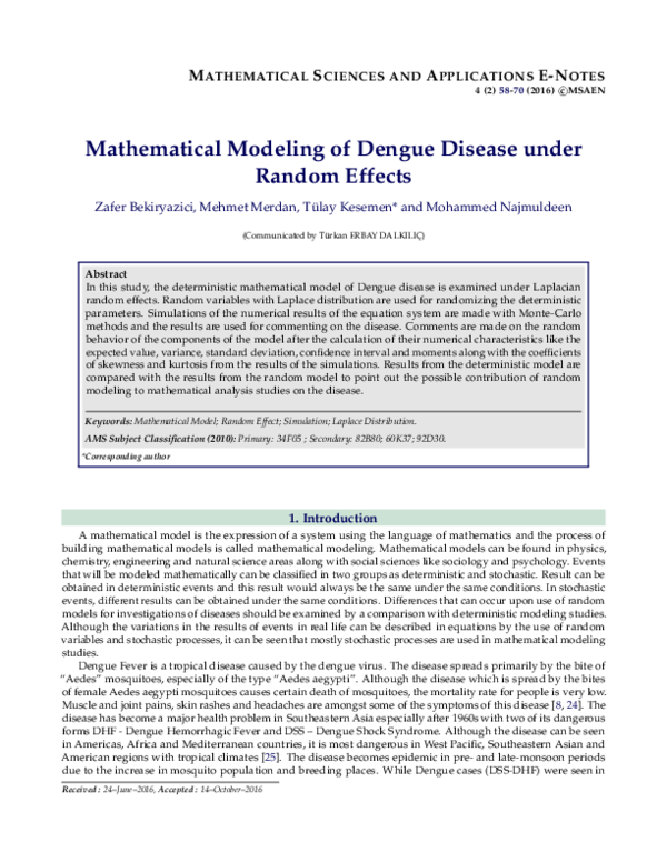 Pdf Mathematical Modeling Of Dengue Disease Under Random Effects