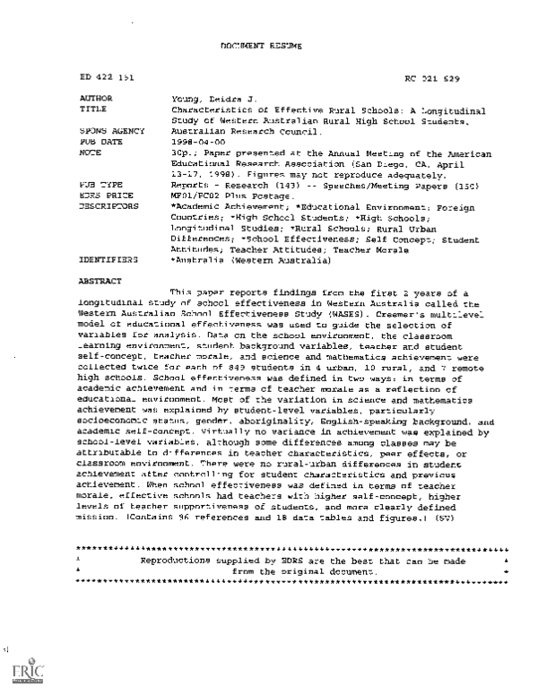 (PDF) Characteristics of Effective Rural Schools: A Longitudinal Study ...