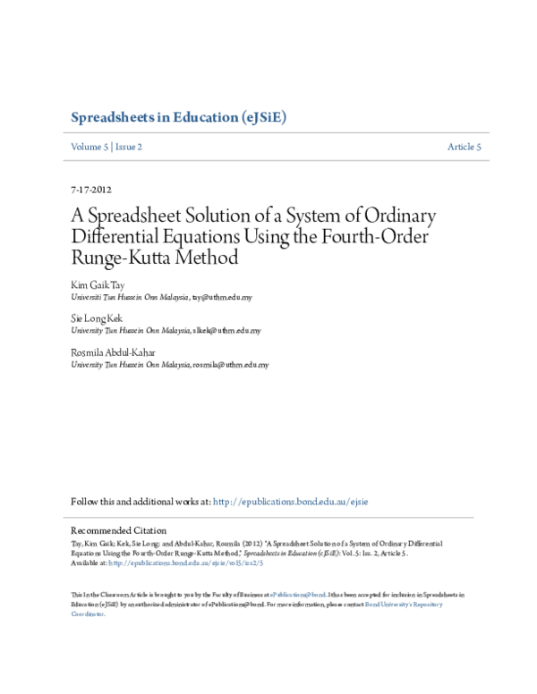 (PDF) A Spreadsheet Solution of a System of Ordinary Differential Equations Using the Fourth ...