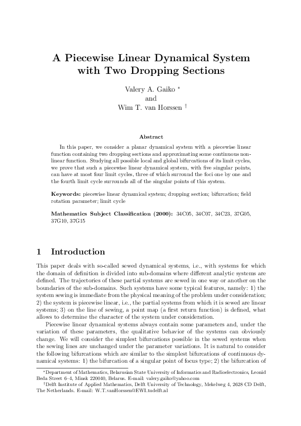 (PDF) A Piecewise Linear Dynamical System with Two Dropping Sections