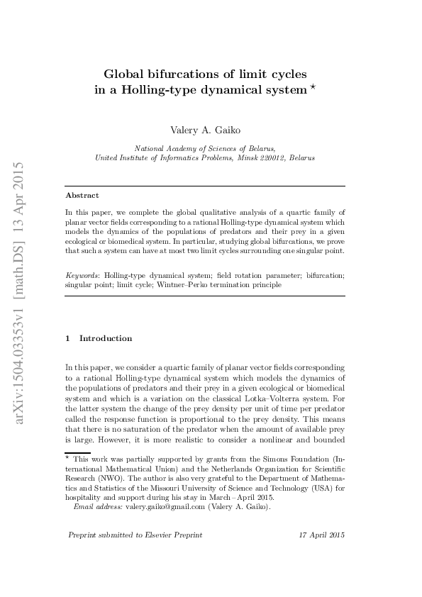 (PDF) Global bifurcations of limit cycles in a Holling-type dynamical ...