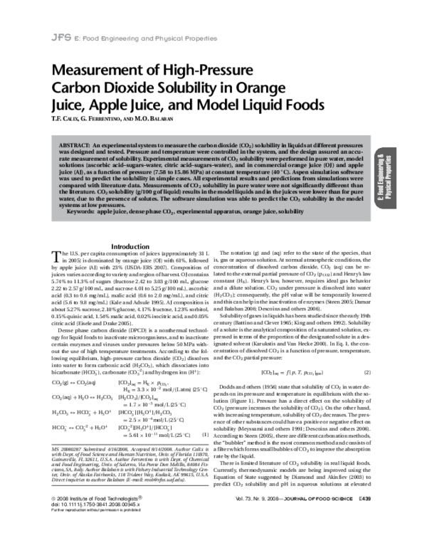 (PDF) Measurement of High-Pressure Carbon Dioxide Solubility in Orange Juice, Apple Juice, and ...