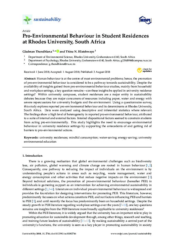(PDF) Pro-Environmental Behaviour in Student Residences at Rhodes ...