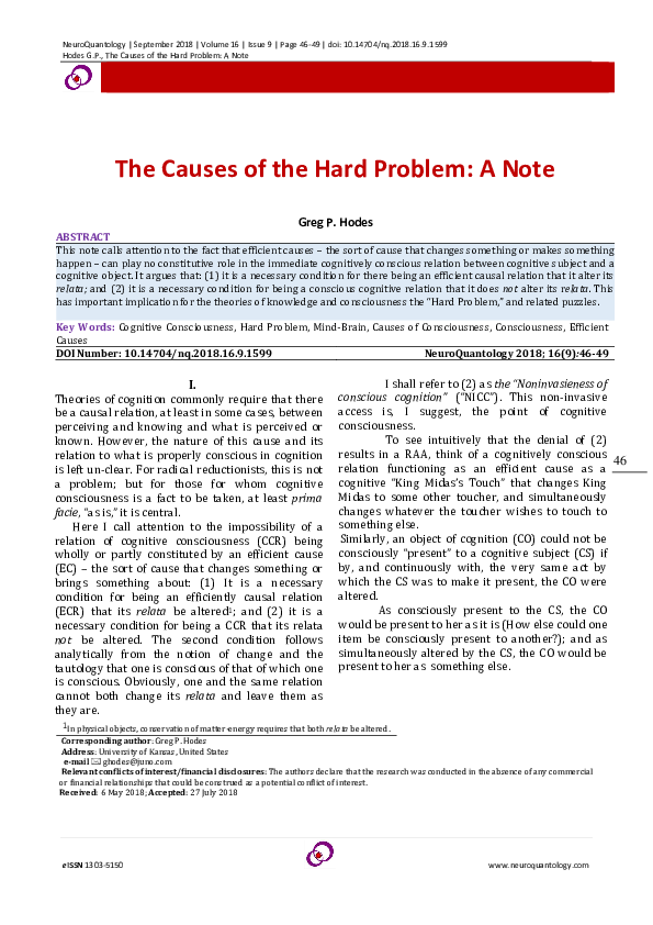 (PDF) The Causes of the Hard Problem: A Note