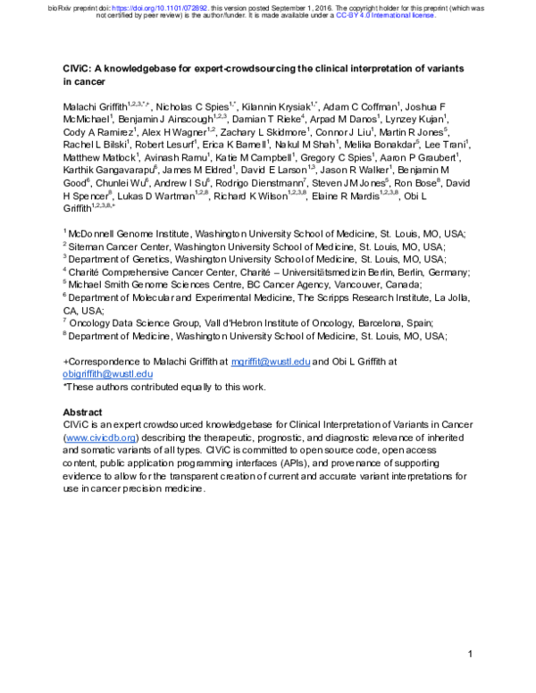 (PDF) CIViC: A knowledgebase for expert-crowdsourcing the clinical ...