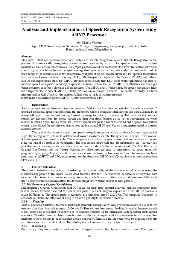 (PDF) Analysis and Implementation of Speech Recognition System using ARM7 Processor
