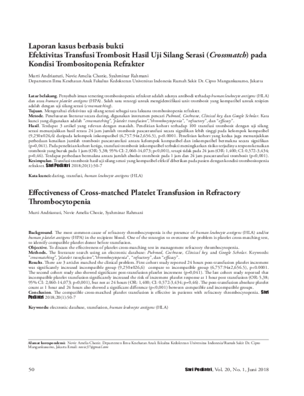 (PDF) Efektivitas Transfusi Trombosit Hasil Uji Silang Serasi ...