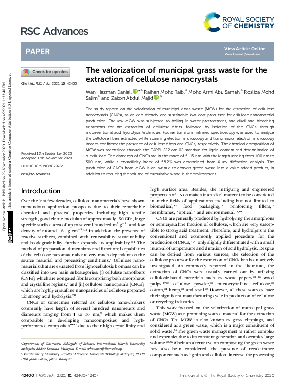 (PDF) The valorization of municipal grass waste for the extraction of ...