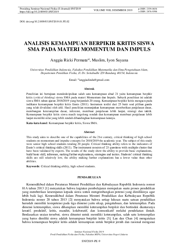 (PDF) Analisis Kemampuan Berpikir Kritis Siswa Sma Pada Materi Momentum Dan Impuls