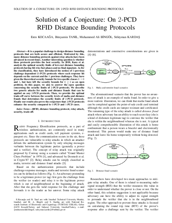 (PDF) SOLUTION OF A CONJECTURE: ON 2-PCD RFID DISTANCE BOUNDING PROTOCOLS Solution of a ...