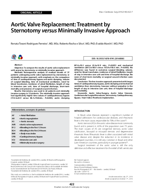 (PDF) Aortic Valve Replacement: Treatment by Sternotomy versus ...