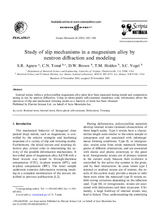 (PDF) Study of slip mechanisms in a magnesium alloy by neutron ...