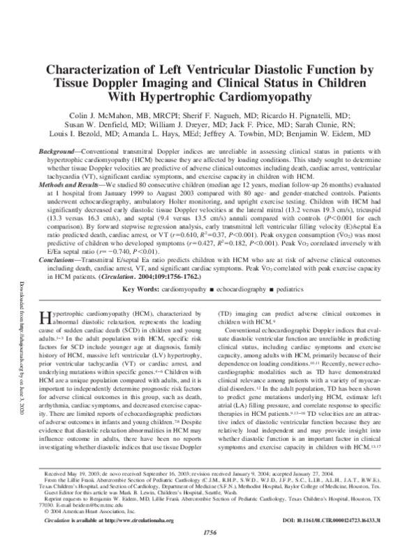 (PDF) Characterization of Left Ventricular Diastolic Function by Tissue Doppler Imaging and ...