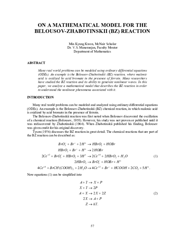 (PDF) On a Mathematical Model for the Belousov-Zhabotinskii (BZ) Reaction