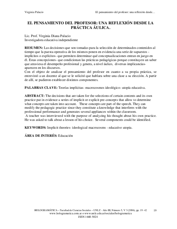(PDF) El Pensamiento Del Profesor: Una Reflexi n Desde La Pr ctica ulica