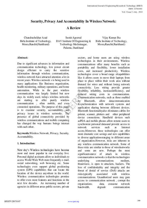 (PDF) Security, Privacy And Accountability In Wireless Network: A Review