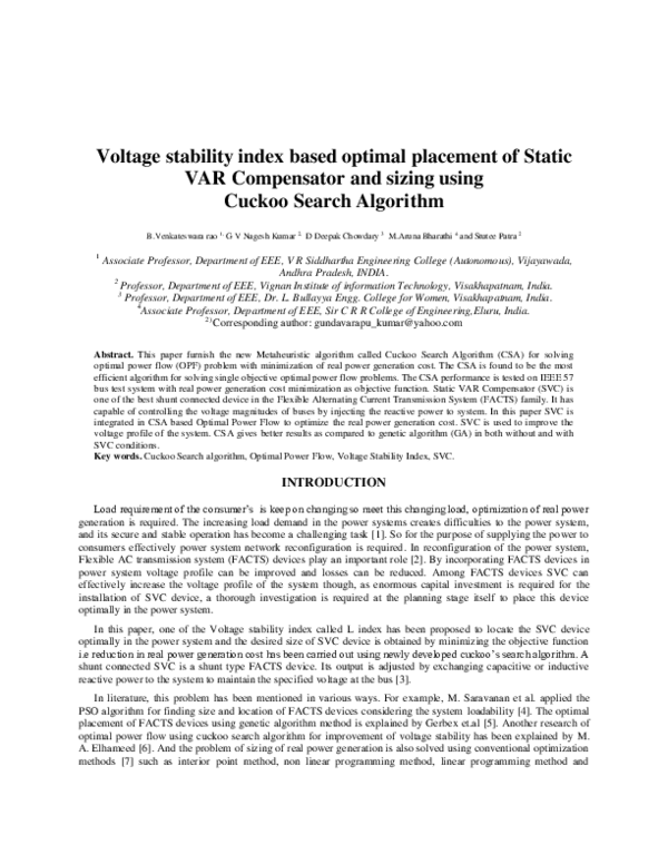(PDF) Voltage stability index based optimal placement of static VAR compensator and sizing using ...