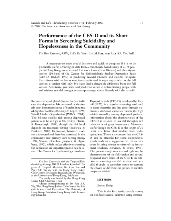 (PDF) Performance of the CES-D and its Short Forms in Screening ...
