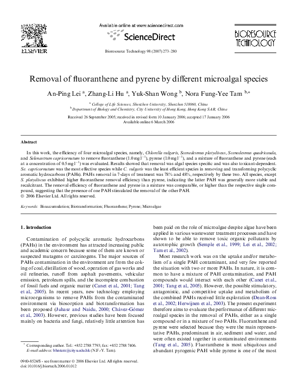 (PDF) Removal of fluoranthene and pyrene by different microalgal species