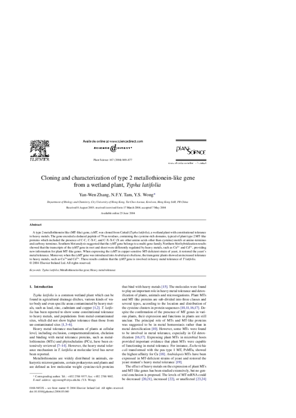 (PDF) Cloning and characterization of type 2 metallothionein-like gene ...