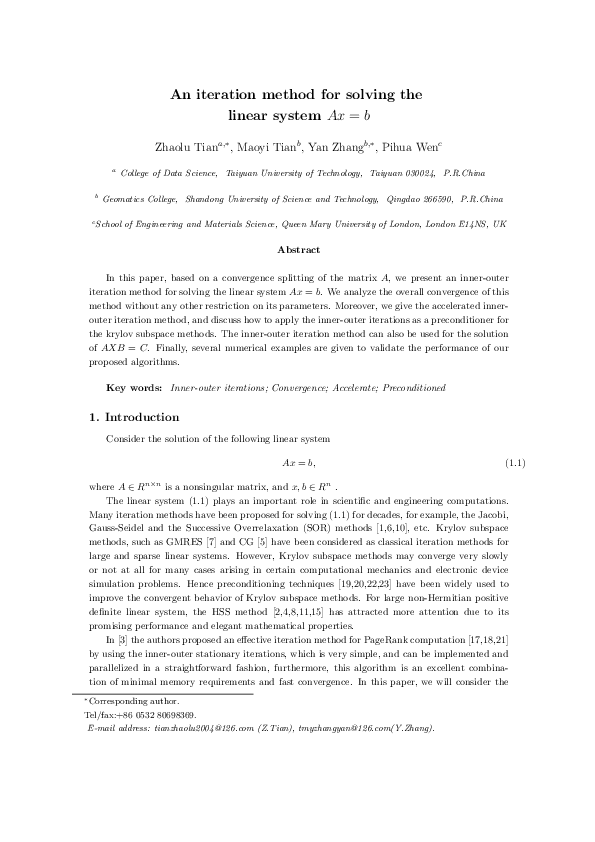 (PDF) An iteration method for solving the linear systemAx=b