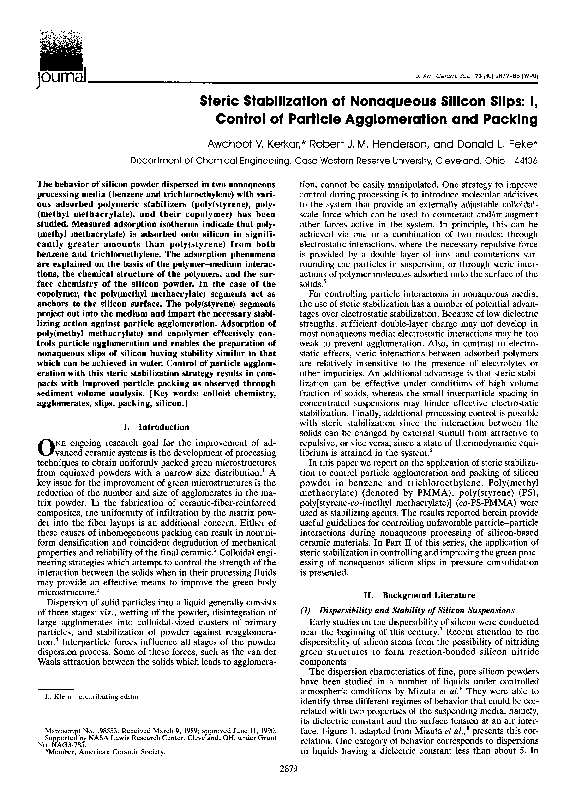 (PDF) Steric stabilization of nonaqueous silicon slips. I - Control of ...
