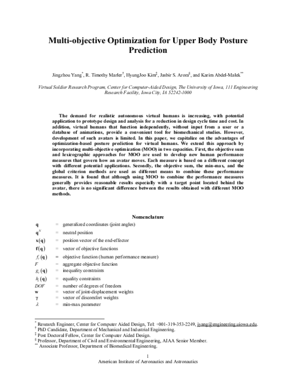 (PDF) Multi-Objective Optimization for Upper Body Posture Prediction