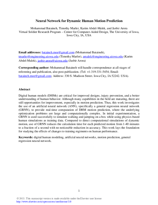 (PDF) Neural Network for Dynamic Human Motion Prediction