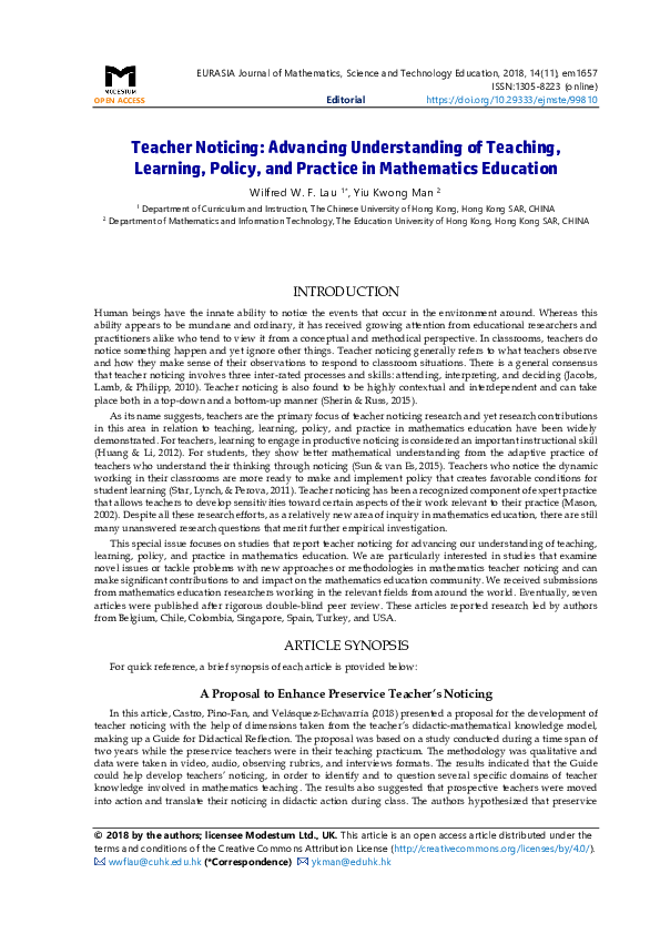 (PDF) Teacher Noticing: Advancing Understanding of Teaching, Learning ...
