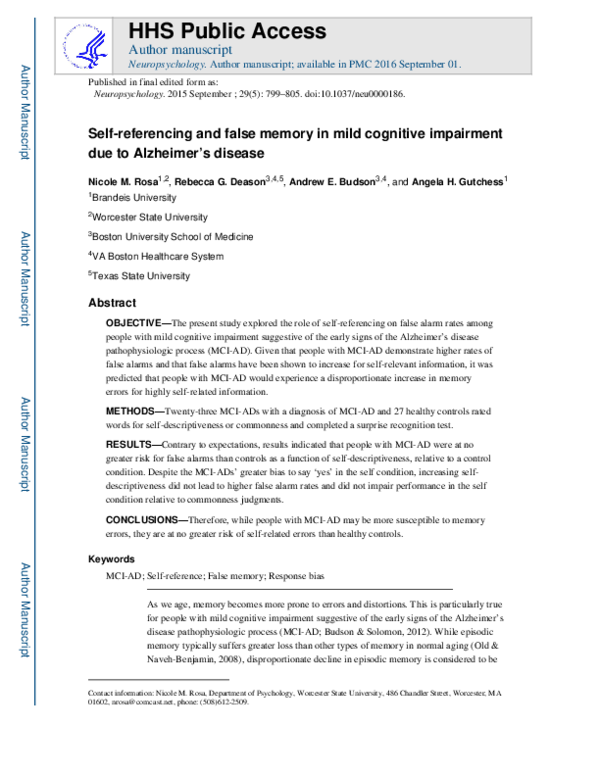 (PDF) Self-Referencing and False Memory in Mild Cognitive Impairment ...
