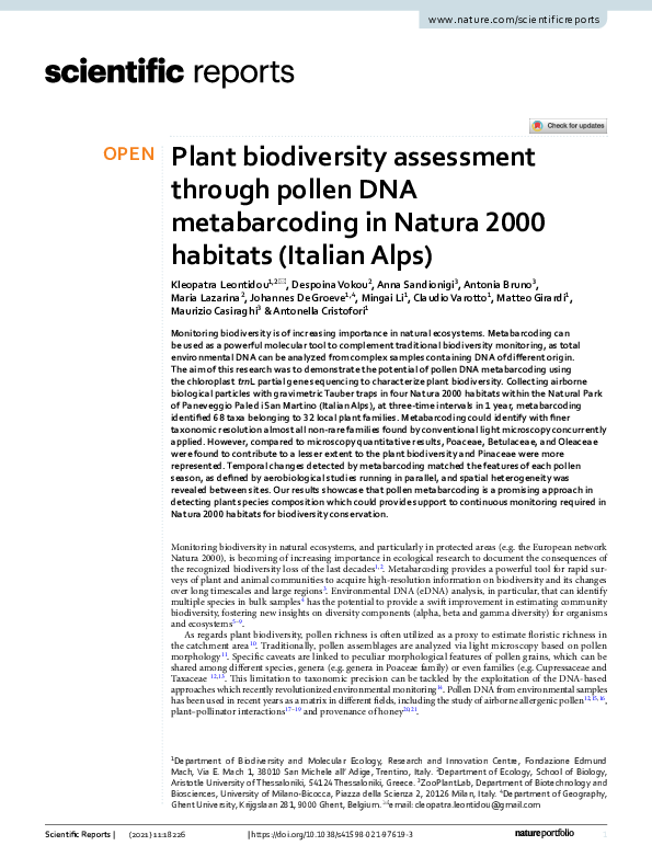 (PDF) Plant biodiversity assessment through pollen DNA metabarcoding in ...