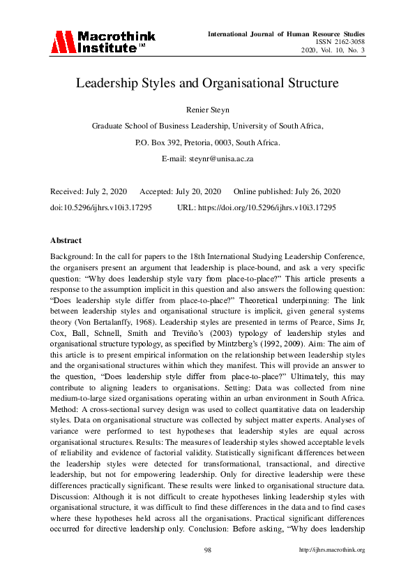(PDF) Leadership Styles and Organisational Structure