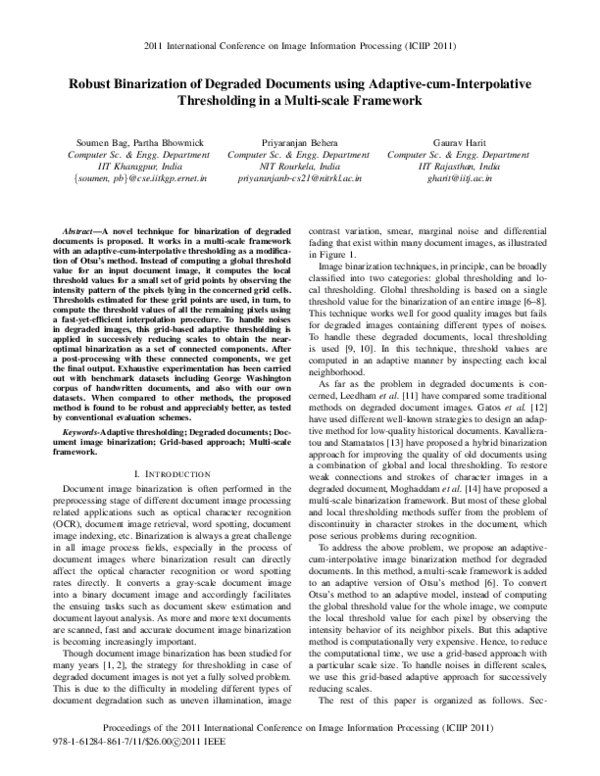 (PDF) Robust binarization of degraded documents using adaptive-cum-interpolative thresholding in ...