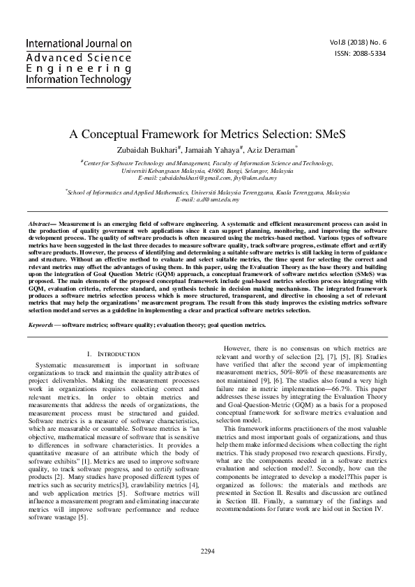 (PDF) A Conceptual Framework for Metrics Selection: SMeS