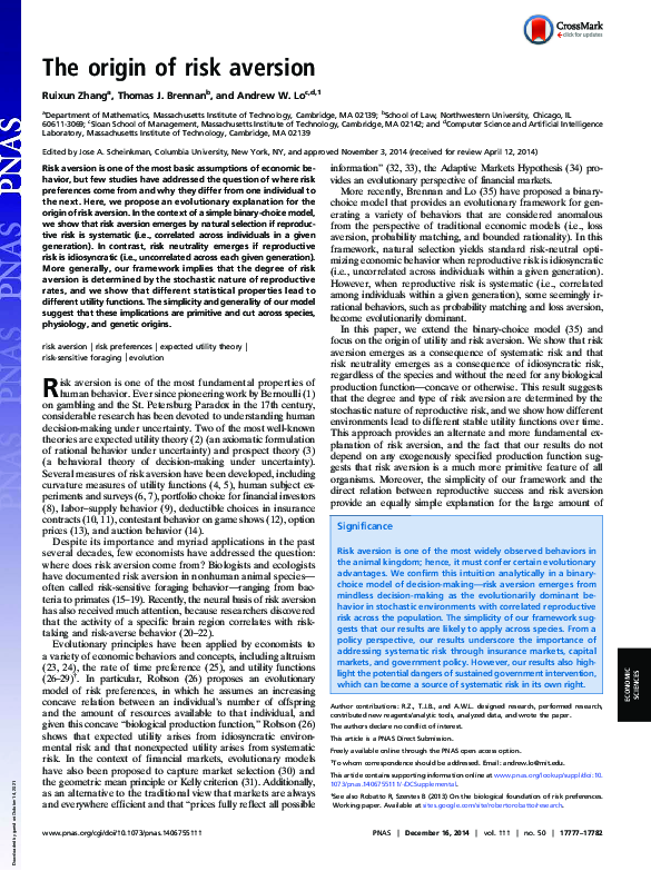 (PDF) The origin of risk aversion