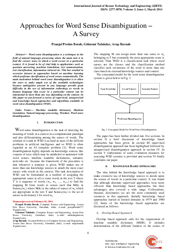 (PDF) Approaches for Word Sense Disambiguation - A Survey