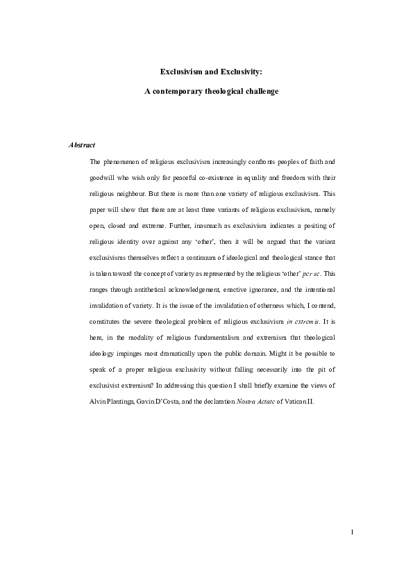 (PDF) Exclusivism and Exclusivity: A Contemporary Theological Challenge