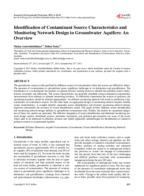 Pdf Identification Of Contaminant Source Characteristics And Monitoring Network Design In