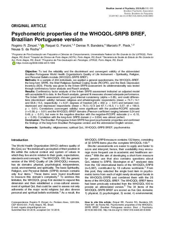 (PDF) Psychometric properties of the WHOQOL-SRPB BREF, Brazilian ... (PDF) Psychometric properties of the WHOQOL-SRPB BREF, Brazilian ...