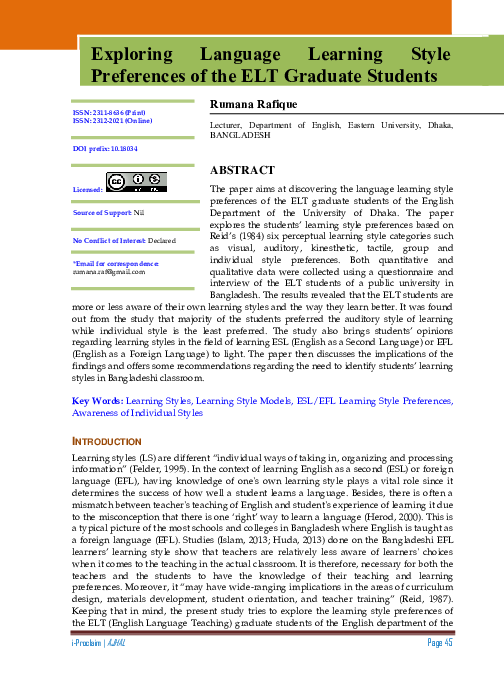 (PDF) Exploring Language Learning Style Preferences of the ELT Graduate Students