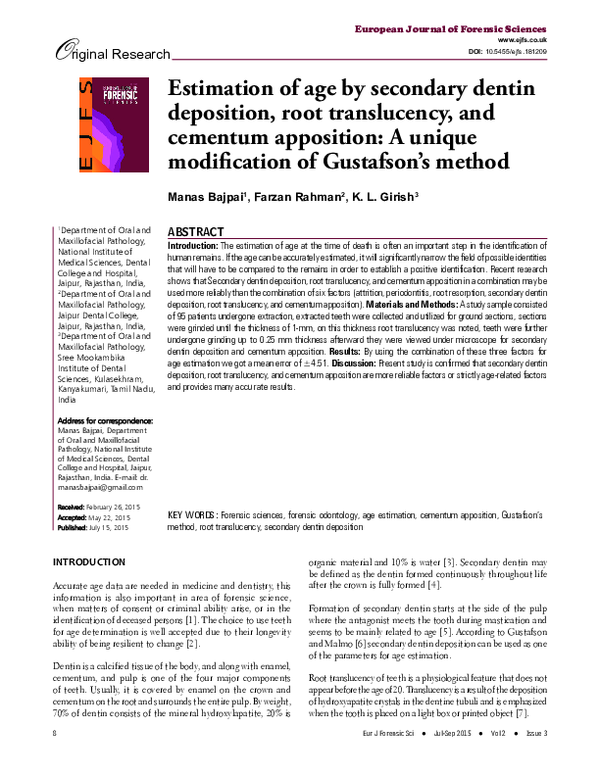(PDF) Estimation of age by Secondary dentin deposition, Root ...