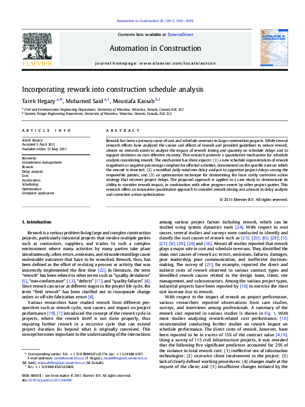(PDF) Incorporating rework into construction schedule analysis