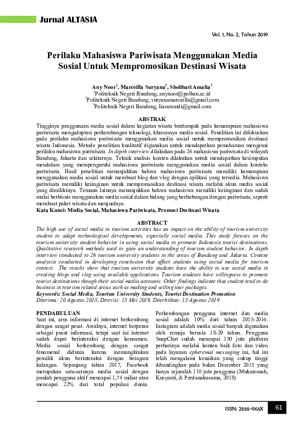 (PDF) Perilaku Mahasiswa Pariwisata Menggunakan Media Sosial Untuk Mempromosikan Destinasi Wisata