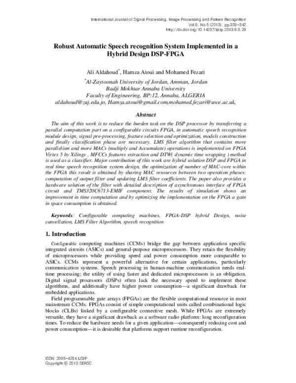 (PDF) Robust Automatic Speech recognition System Implemented in a Hybrid Design DSP-FPGA