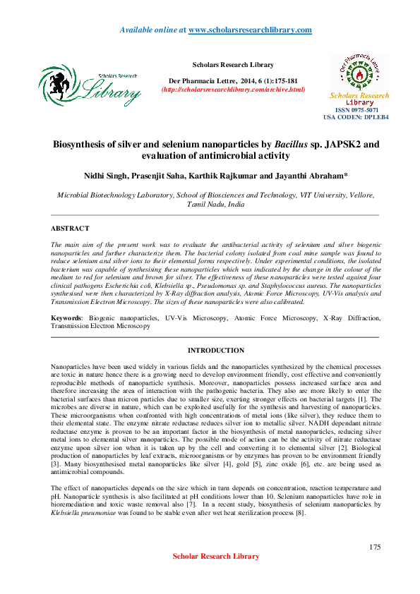 Pdf Biosynthesis Of Silver And Selenium Nanoparticles By Bacillus Sp Japsk2 And Evaluation Of