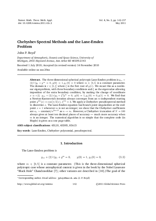 (PDF) Chebyshev Spectral Methods and the Lane-Emden Problem