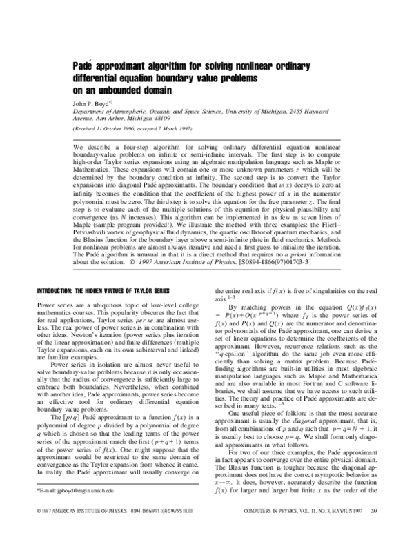 Pdf Pade Approximant Algorithm For Solving Nonlinear Ordinary