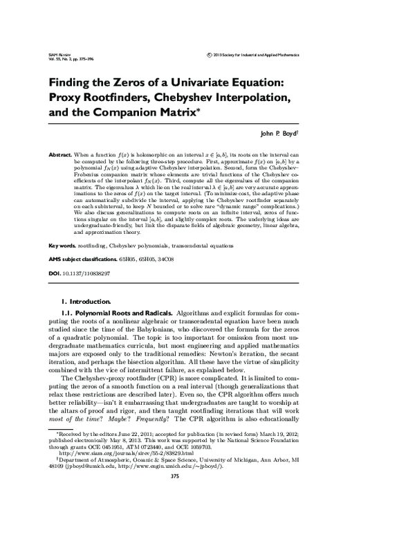 Pdf Finding The Zeros Of A Univariate Equation Proxy Rootfinders Chebyshev Interpolation