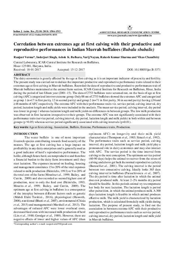 (PDF) Correlation between extremes age at first calving with their productive and reproductive ...